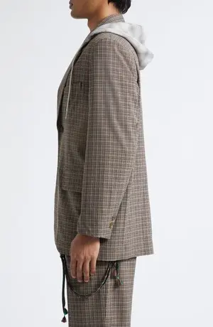 SONG FOR THE MUTE Square Glen Plaid Single-breasted Blazer With Drawstring Hood