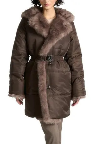 Manière De Voir Longline Puffer Coat With Faux Fur Trims And Belt - Brown