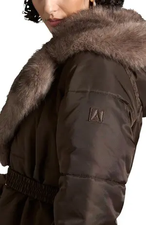 Manière De Voir Longline Puffer Coat With Faux Fur Trims And Belt