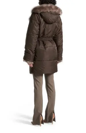 Manière De Voir Longline Puffer Coat With Faux Fur Trims And Belt