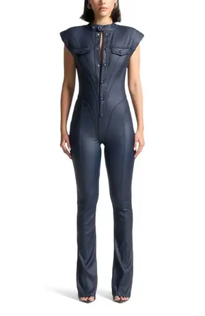 Manière De Voir Wax Coated Denim Flared Jumpsuit - Indigo