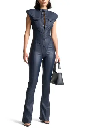 Manière De Voir Wax Coated Denim Flared Jumpsuit - Indigo