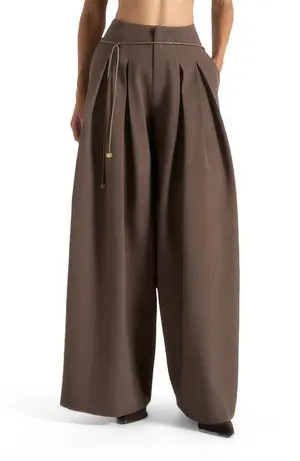 Manière De Voir Flora Box Pleat Wide Leg Belted Trousers - Brown