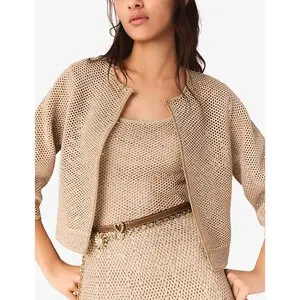 Maje Metallic Rhinestone-embellished Knitted Cardigan - Nude