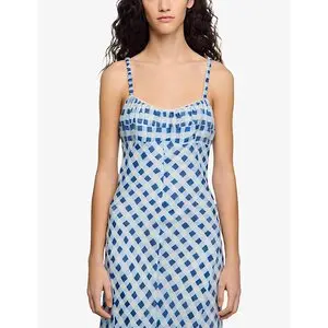Sandro Checked Ruched Linen-blend Maxi Dress