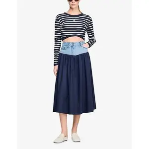 Sandro Flared Cotton Midi Skirt With Denim Panel