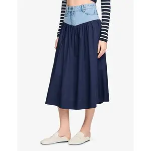 Sandro Flared Cotton Midi Skirt With Denim Panel