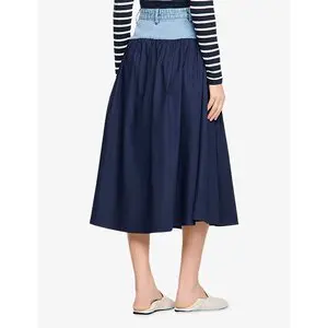 Sandro Flared Cotton Midi Skirt With Denim Panel