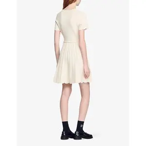 Sandro Pointelle-detail Scalloped-trim Stretch-knit Mini Dress - Ecru