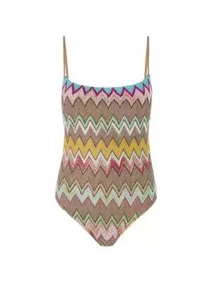 Missoni Missoni Lamé Viscose One-Piece Swimsuit With Macro Zigzag Pattern Brown