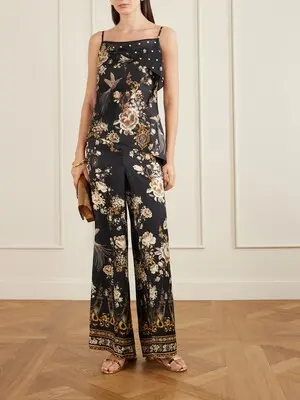 Camilla Asymmetric Draped Embellished Embroidered Printed Silk-satin Top - Black