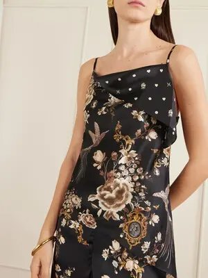 Camilla Asymmetric Draped Embellished Embroidered Printed Silk-satin Top - Black