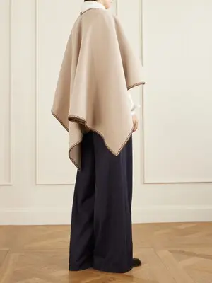 Max Mara Belted Whipstitched Embroidered Wool Cape - Neutrals