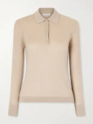 Max Mara Ribbed Cashmere And Silk-blend Polo Sweater - Neutrals