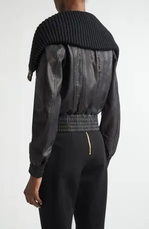 Balmain Lambskin Leather Bomber Jacket With Knit Collar - 0pa Black