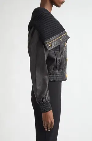 Balmain Lambskin Leather Bomber Jacket With Knit Collar - 0pa Black