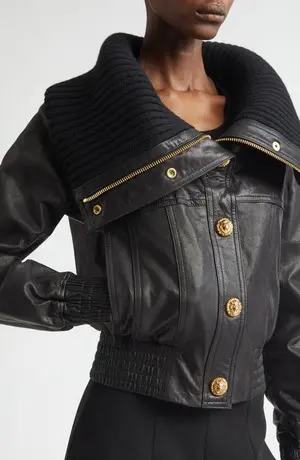 Balmain Lambskin Leather Bomber Jacket With Knit Collar - 0pa Black