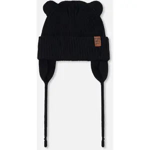 DEUX PAR DEUX Ribbed Knit Hat With Logo Patch - Black