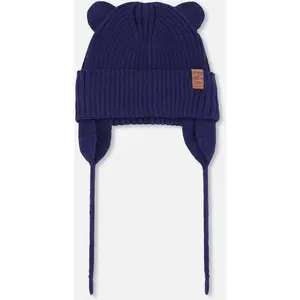 DEUX PAR DEUX Ribbed Knit Hat With Logo Patch - Navy Blue