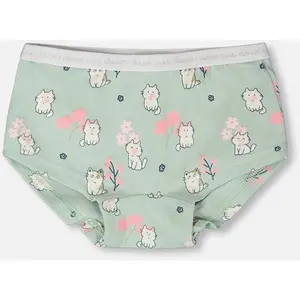 DEUX PAR DEUX Organic Cotton Kitten Boyshort Panty - Green Kitten Print