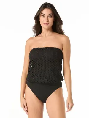 Carmen Marc Valvo Crochet Blouson Tankini Swim Top - Black