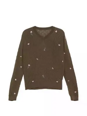JNBY Embroidered V-neck Long Sleeve Top - Brown