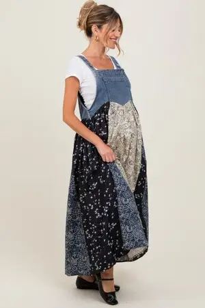 PINKBLUSH Floral Colorblock Print Denim Contrast Maternity Dress