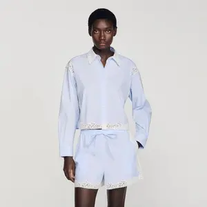 Sandro Straight-cut Cropped Shirt With Lace - Sky Blue