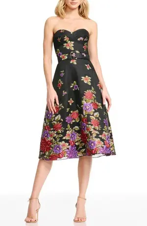 Dress The Population Floral Strapless Cocktail Dress - Black Multi