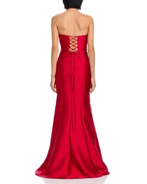 Aqua Mikado Lace Up Back Strapless Gown