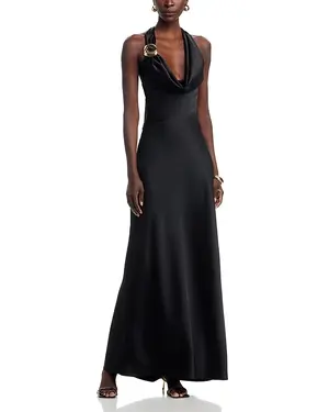 Aqua Long Satin Draped Halter Dress