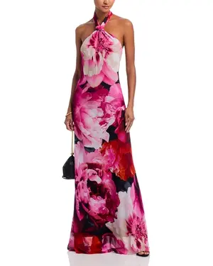 Aqua Knot Neck Chiffon Gown - Multi