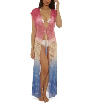 BECCA BY REBECCA VIRTUE Sunset Ombre Crochet Cover Up Robe - Roseberry/lapis