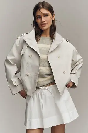 Maeve Retta Funnel-neck Double-breasted Short Trench Coat Jacket - Light Sand