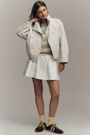 Maeve Retta Funnel-neck Double-breasted Short Trench Coat Jacket - Light Sand