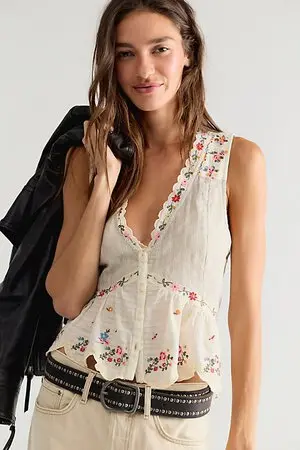 Free People Ellis Embroidered Blouse - Tea Combo