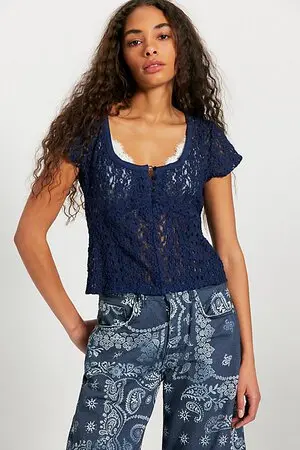 Free People Claro Lace Tee - Navy Academy