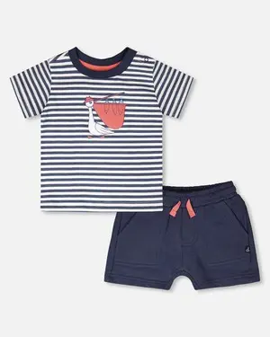 DEUX PAR DEUX Organic Cotton T-shirt And Short Set - Blue Stripes And Blue