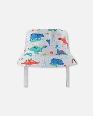 DEUX PAR DEUX Recycled Polyester Dinosaur Sun Hat - Grey Printed Baby Dinosaurs