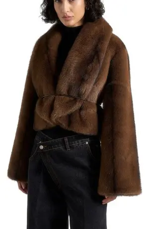 Manière De Voir Faux Fur Shawl Jacket With Leather Belt