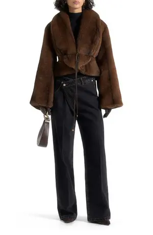 Manière De Voir Faux Fur Shawl Jacket With Leather Belt