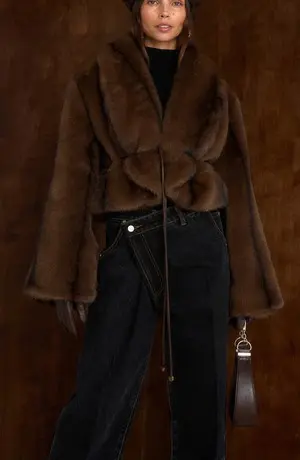 Manière De Voir Faux Fur Shawl Jacket With Leather Belt