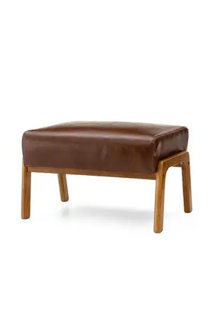 GLITZHOME Mid-century Modern Faux Leather Accent Stool With Walnut Rubberwood Legs - Coffee