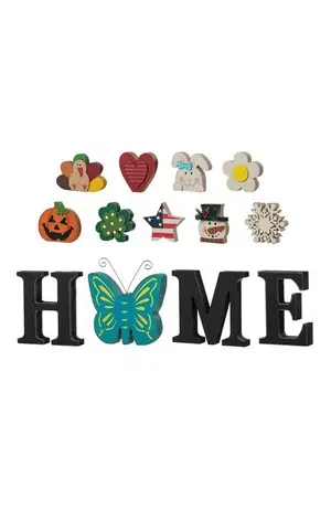 GLITZHOME 13-pieces Wooden Interchangeable Home Tabletop Sign With Seasonal Icons - Black