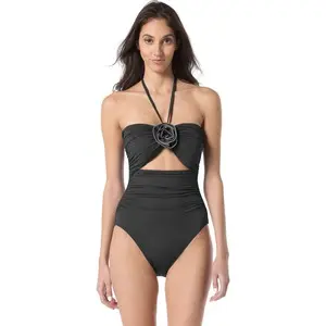 Kate Spade New York Contrast Rosette Solids Bandeau One Piece Swimsuit - Black
