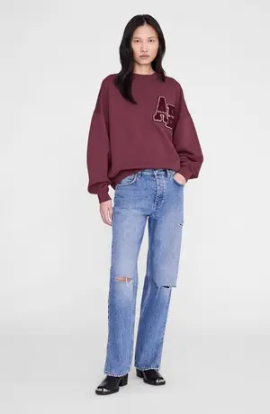 ANINE BING Oversized Cotton Fleece Crewneck Sweatshirt With Chenille Patch - Fig