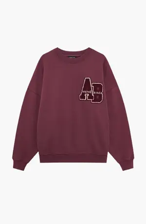 ANINE BING Oversized Cotton Fleece Crewneck Sweatshirt With Chenille Patch - Fig