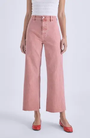 PISTOLA Penny Crop High Waist Wide Leg Jeans With Raw Hem - Coral Rose