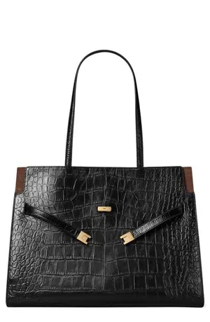 Tory Burch Lee Radziwill Croc-embossed Leather Tote - Black