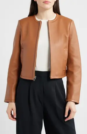 Theory Cropped Leather Jacket - Bright Cognac
